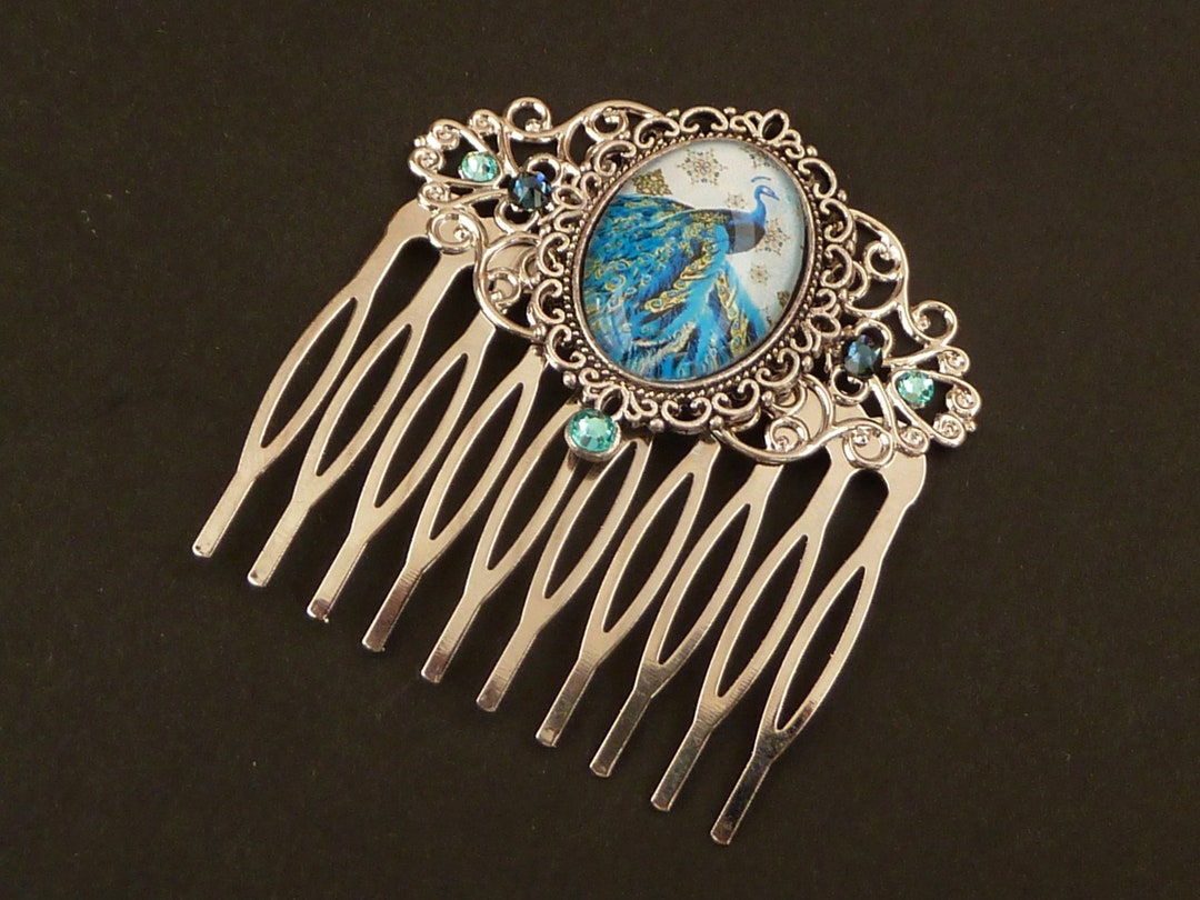 Elegant Hair Comb With Peacock Motif in Turquoise Silver Animal Hair ...