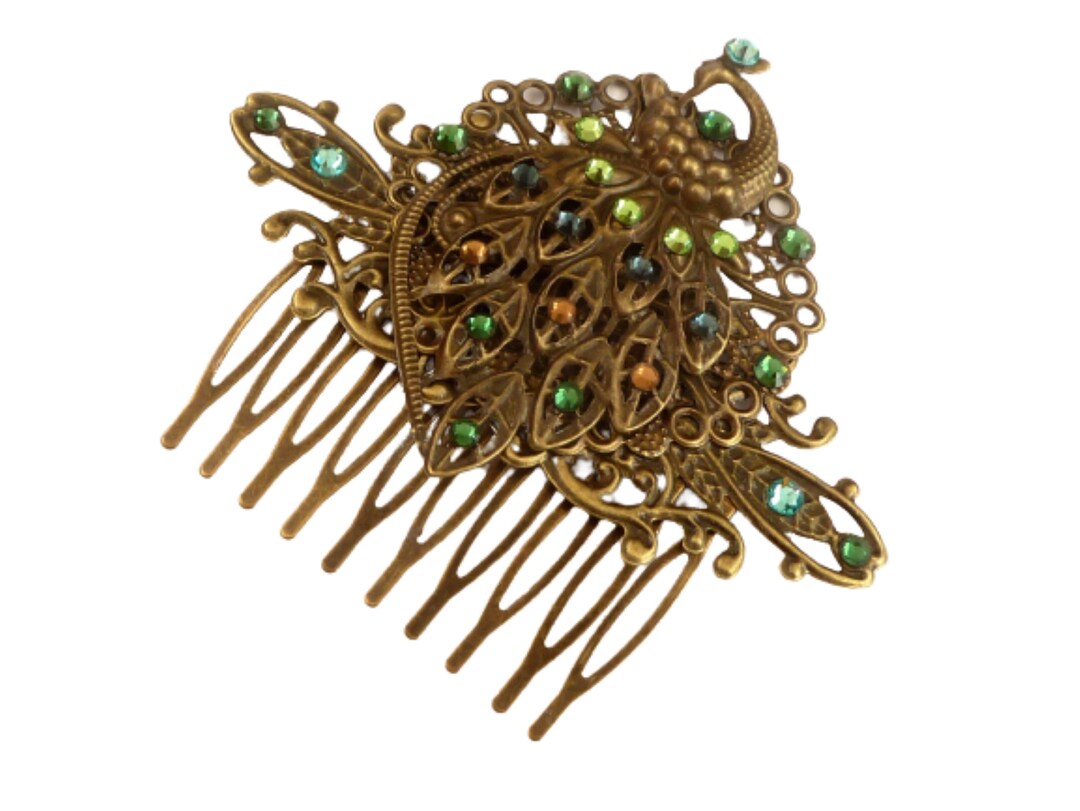 Large Hair Comb With Peacock Motif Art Nouveau Design Colorful Bronze ...