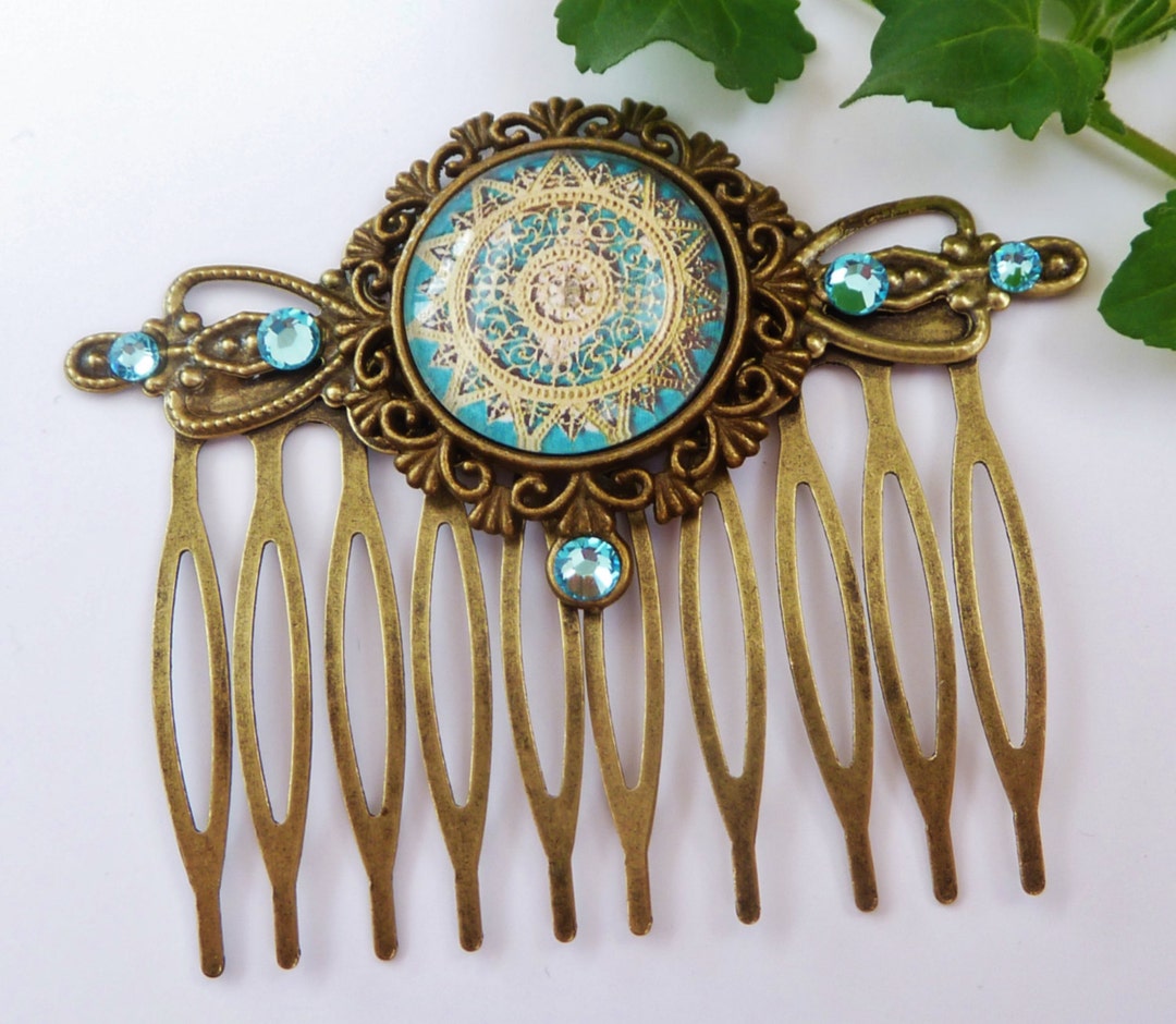 Elegant Hair Comb With a Filigree Motif in Gold Turquoise, Bronze Hair ...