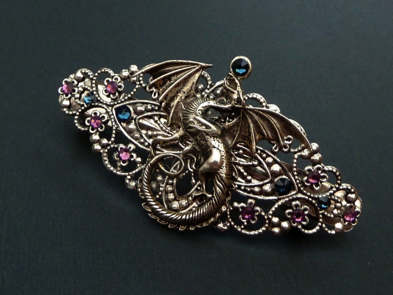 Hair Clip With Dragon in Antique Silver Medieval Hair | Etsy