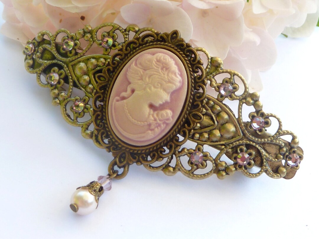 Romantic Barrette With Cameo in Pink Bronze, Antique Hair Jewelry ...