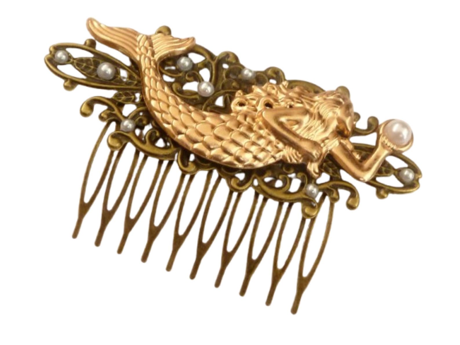 Maritime Hair Comb With Beautiful Mermaid Motif, Gold Bronze Colored ...