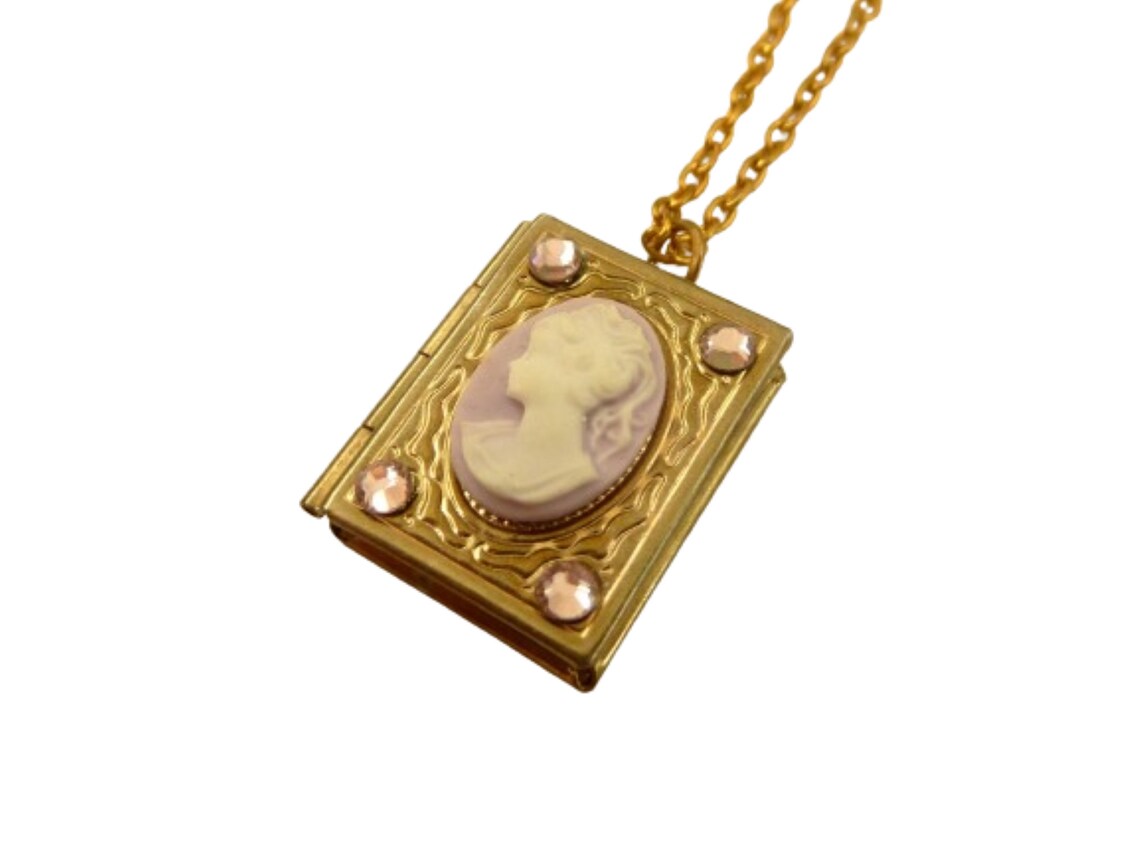 Locket Necklace With Cameo in Book Shape, Gold Violet Necklace, Photo ...