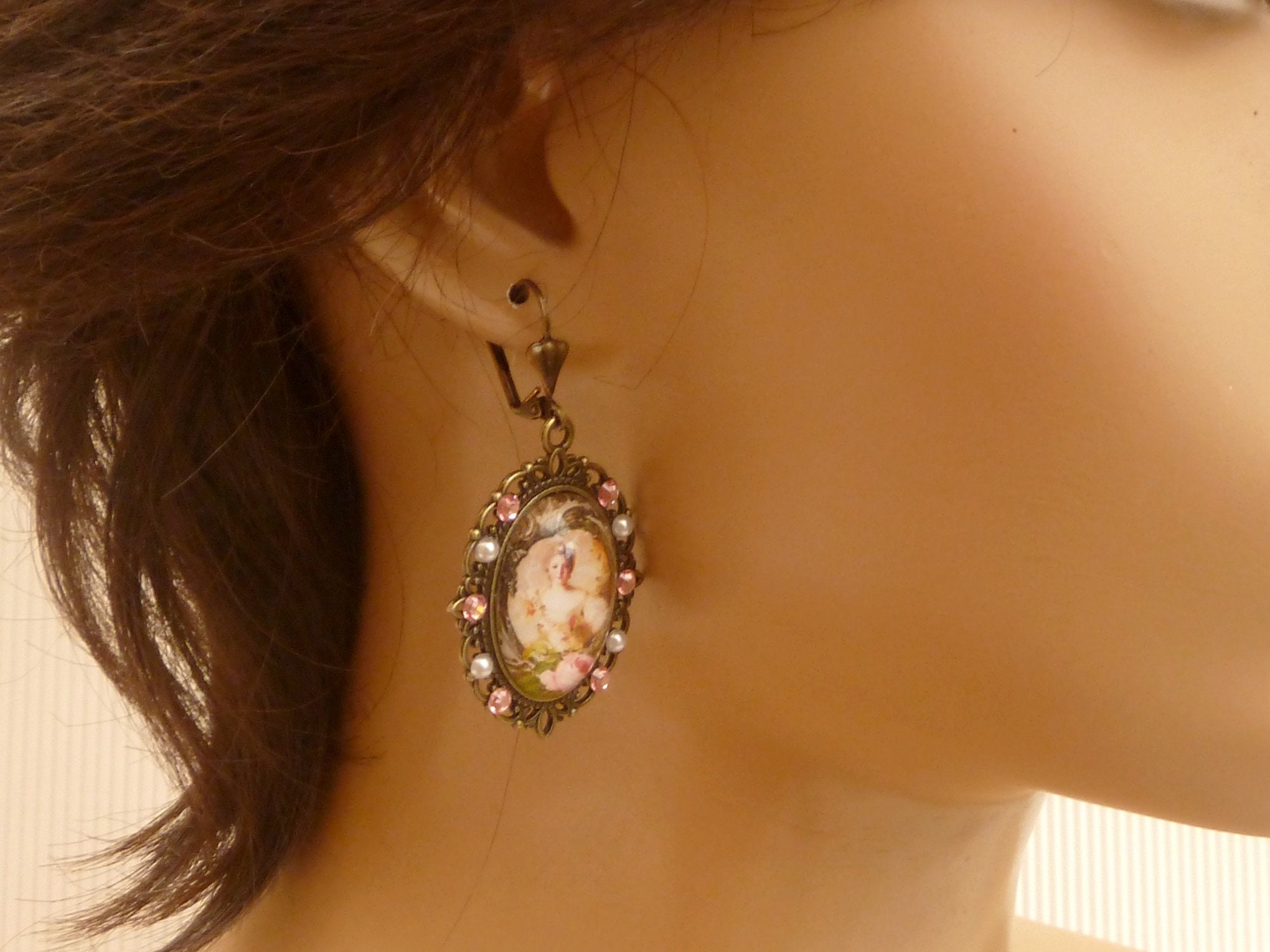 Noble Earrings With Historical Lady and Roses Bronze Baroque Rococo ...