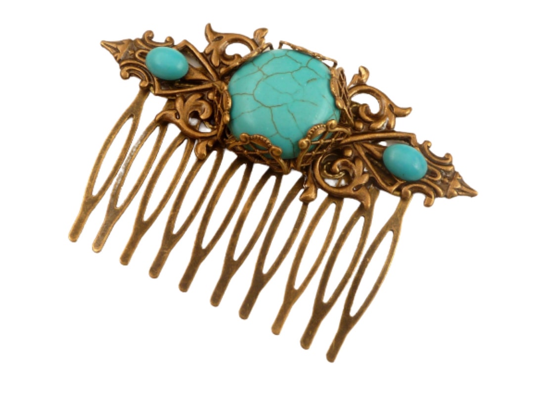 Gemstone Hair Comb With Turquoise Made of High-quality Brass Bronze ...