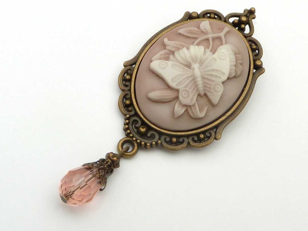 Large Unique Brooch With Butterfly Cameo Pink Bronze Décolleté Jewelry ...