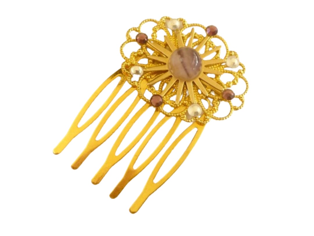 Small Gemstone Hair Comb With Amethyst and Sun Emblem Purple Gold ...