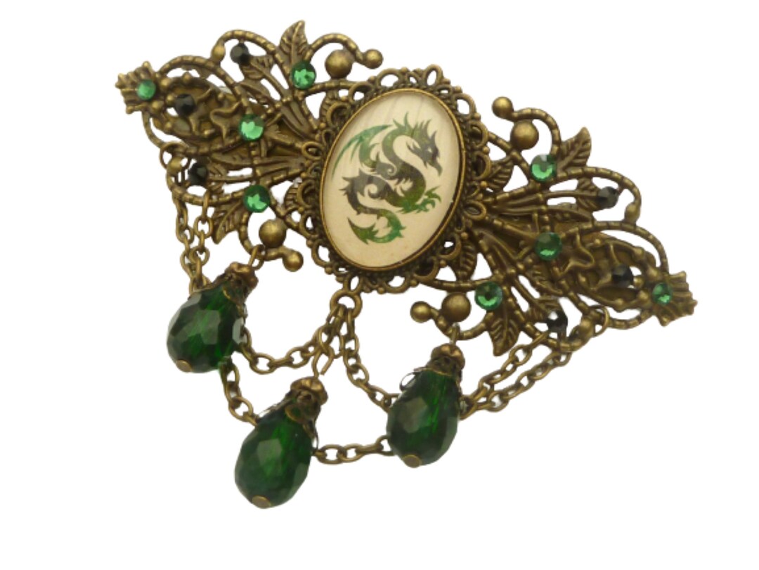 Large Hair Clip Medieval Style With Dragon Motif Green Bronze - Etsy