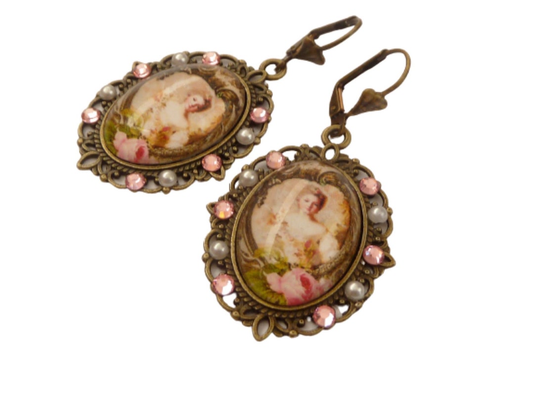 Noble Earrings With Historical Lady and Roses Bronze Baroque Rococo ...