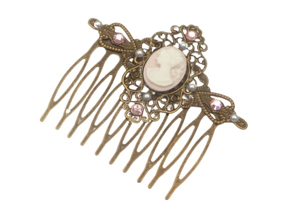 Noble hair comb in antique style with cameo with lady in rose bronze colored updo hair accessories gift idea