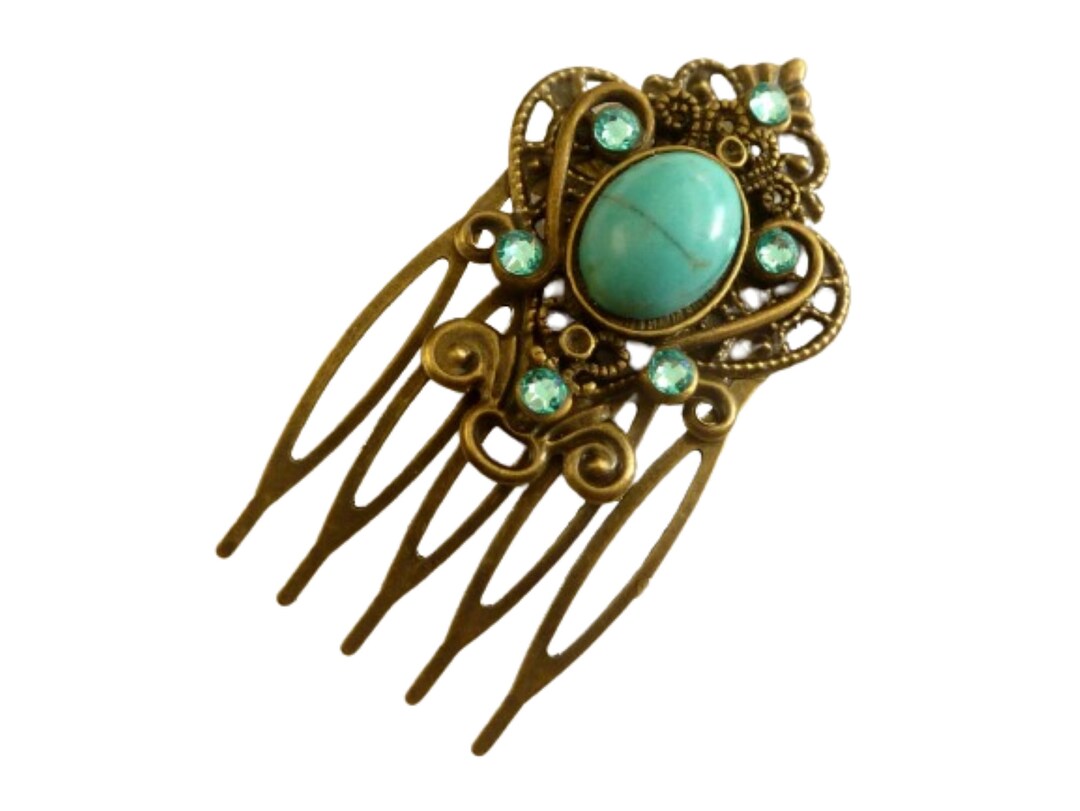 Small Gemstone Hair Comb With Turquoise Cabochon Unique Bronze Colored ...