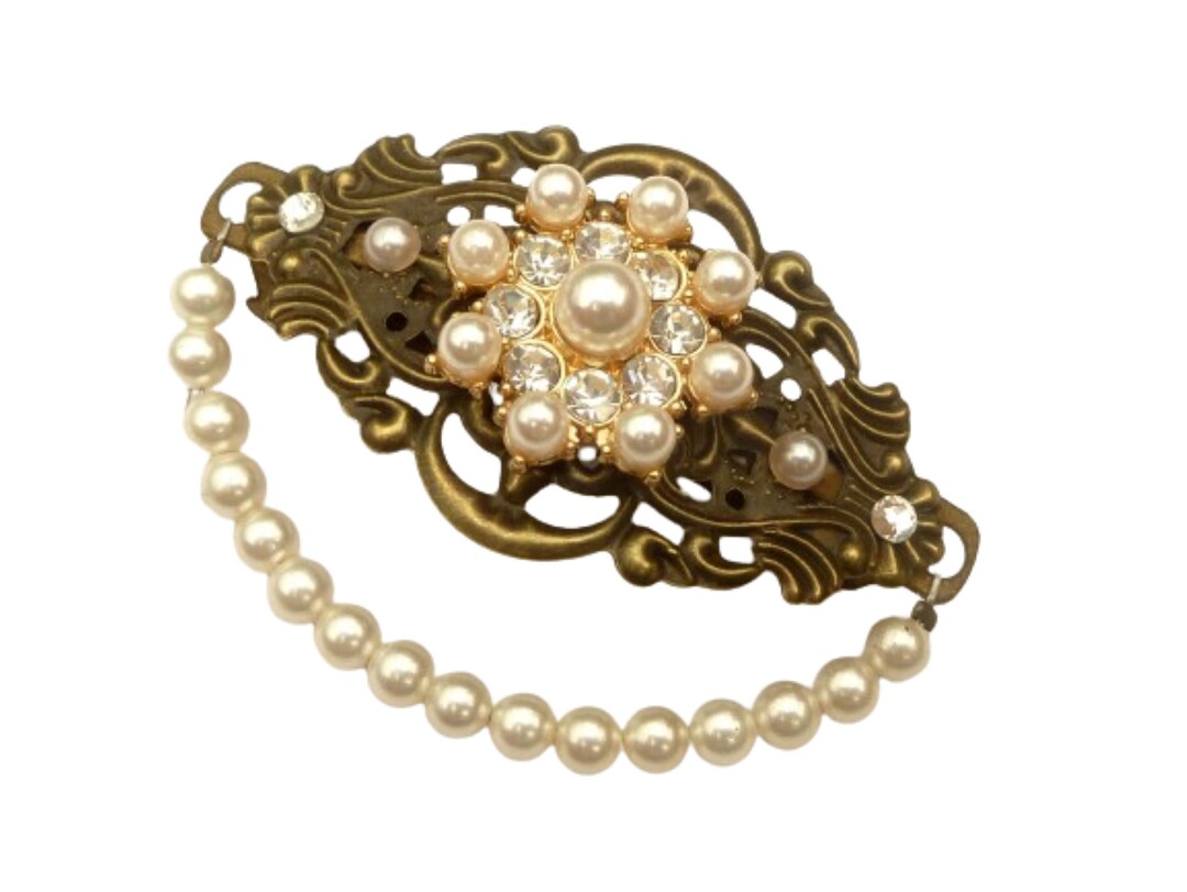 Small Hair Clip With Pearl Applique and Clear Rhinestones Cream White ...