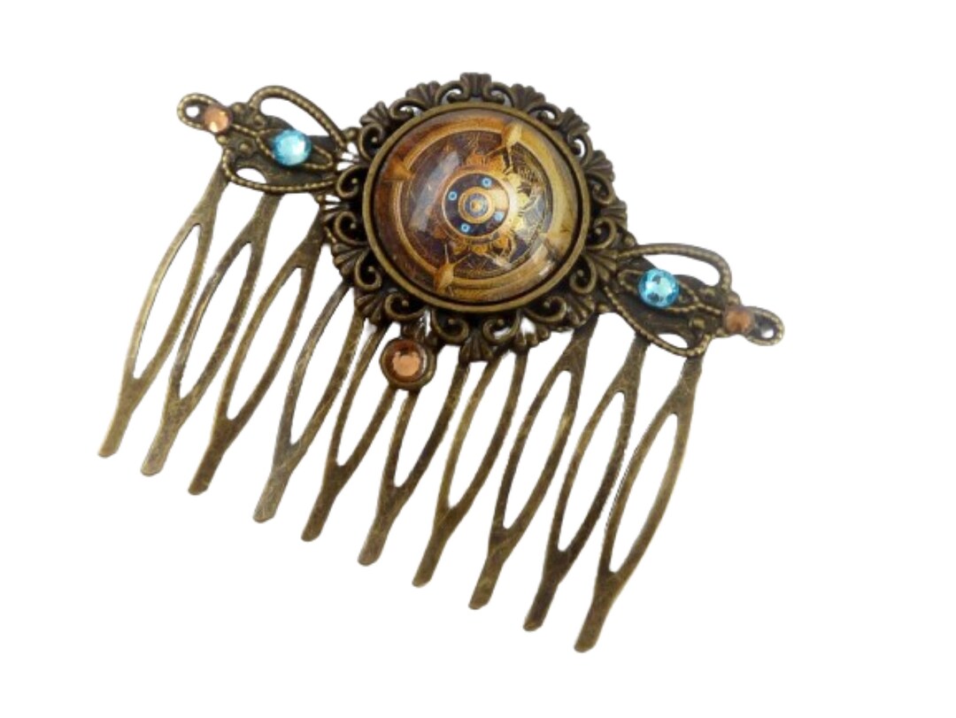 Noble Hair Comb With Steampunk Element Brown Turquoise Bronze Colored ...