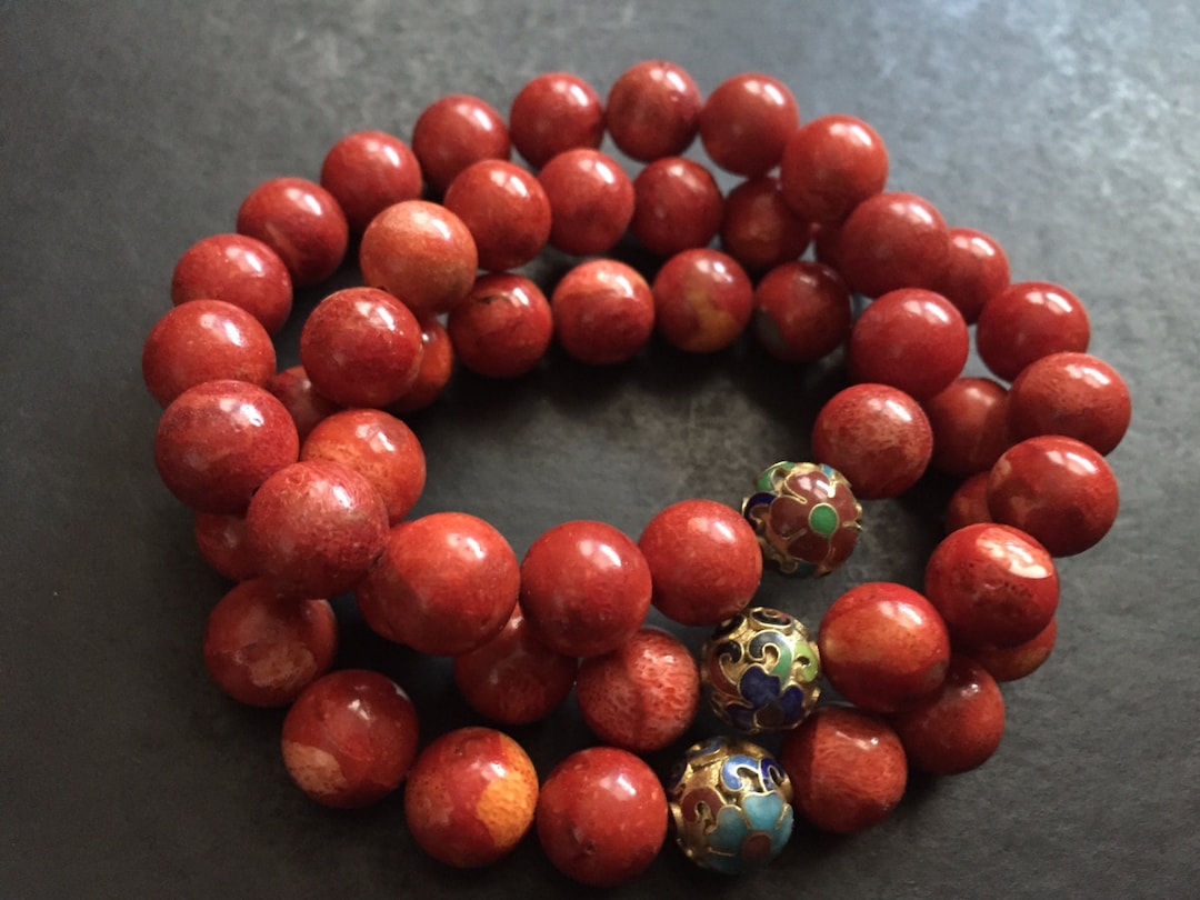 Natural Sponge Coral Bracelet With Cloisonné Flower Charm - Handcrafted ...