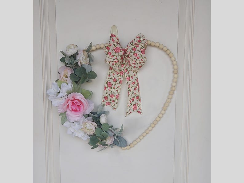 Floral Heart Wreath With Bow for Valentine's Day or Wedding Door Hanger ...