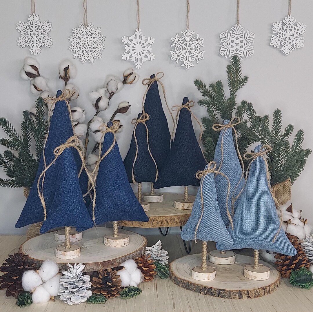 Set of 3 Denim Fabric Trees Farmhouse Tree Decor Reclaimed Denim Decor ...