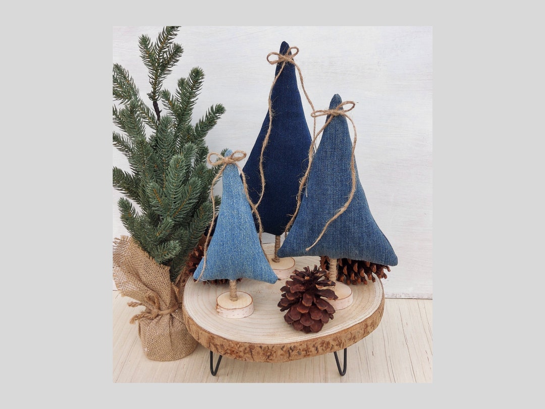 Set of 3 Denim Fabric Trees Farmhouse Tree Decor Reclaimed Denim Decor ...