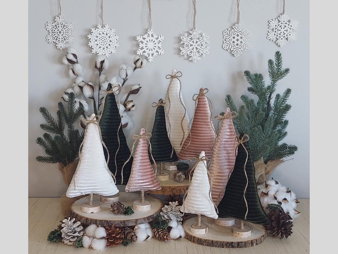 Set of 3 Pleated Velvet Christmas Trees - Green, Pink, White Whimsical ...
