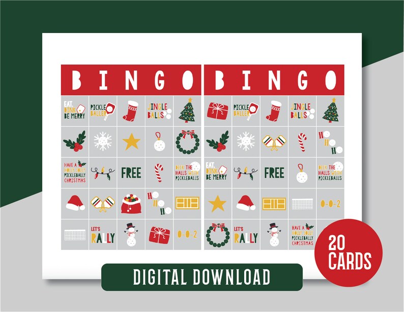 Printable Pickleball Christmas Bingo - 20 Printable Holiday Game Cards ...
