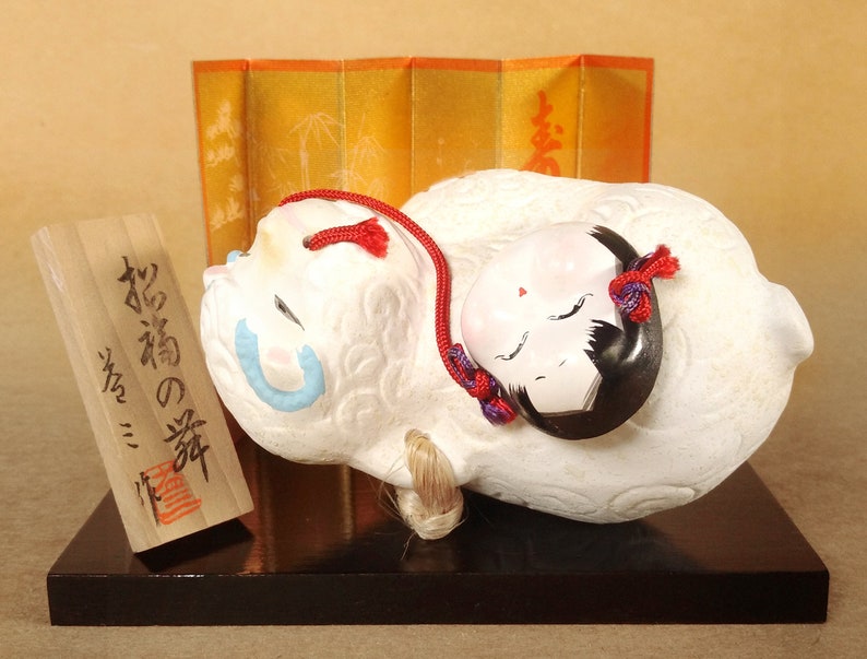 Hitsuji Wears Otafuku Mask, Sheep Ceramic Bell, Japanese Vintage, Sheep ...