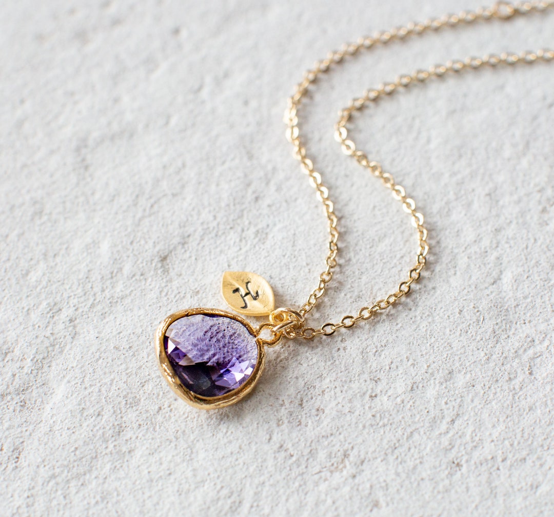 Gold Amethyst Necklace, February Birthstone Initial Charm Necklace ...