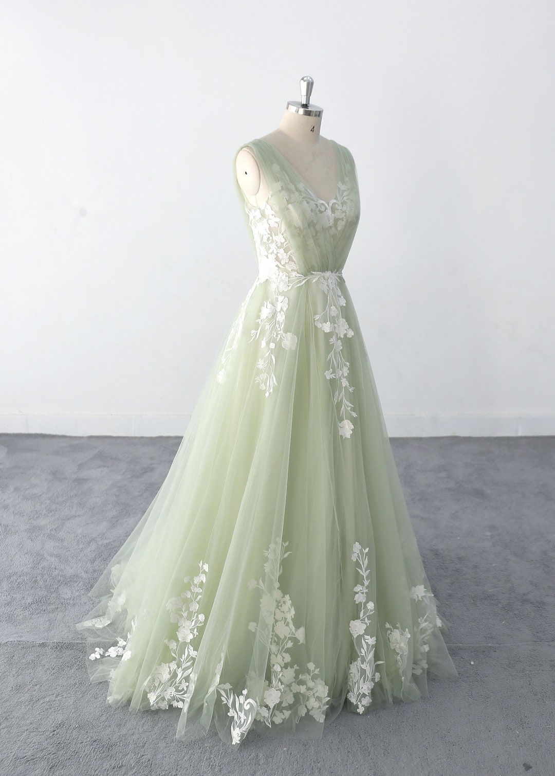 Sage Green Lace Wedding Dress, Romantic Tulle Evening Gown Colorful ...
