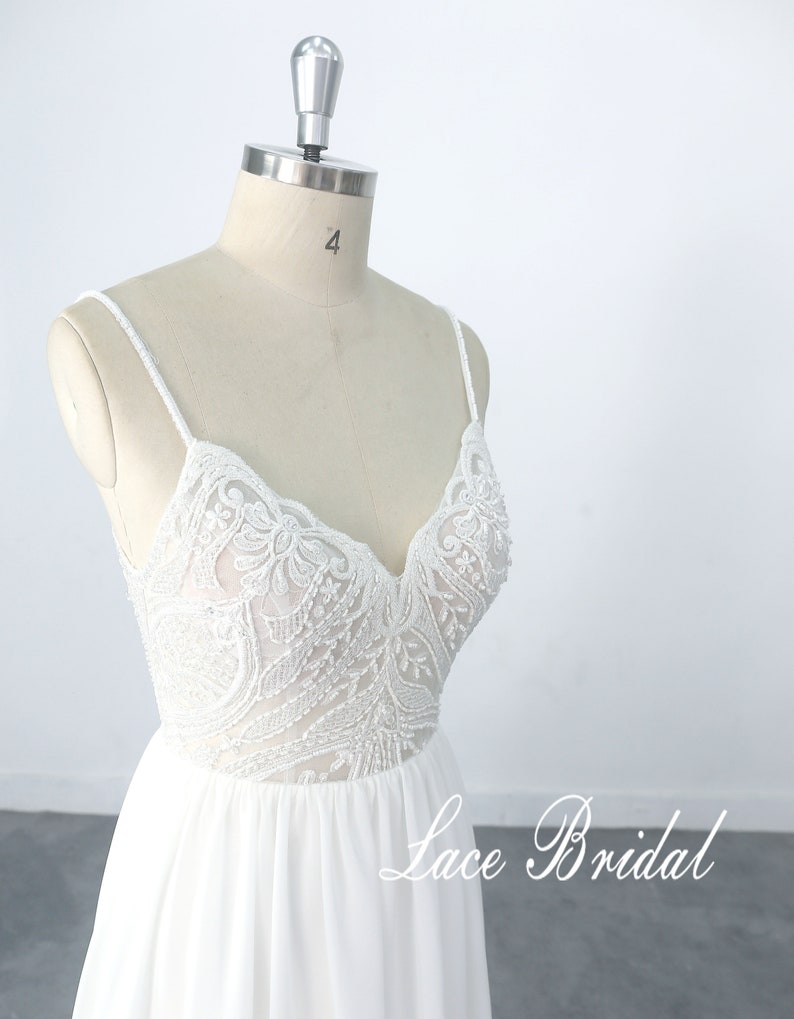 Romantic Chiffon Lace A-line Wedding Dress, Open Back Bohemian Gown ...