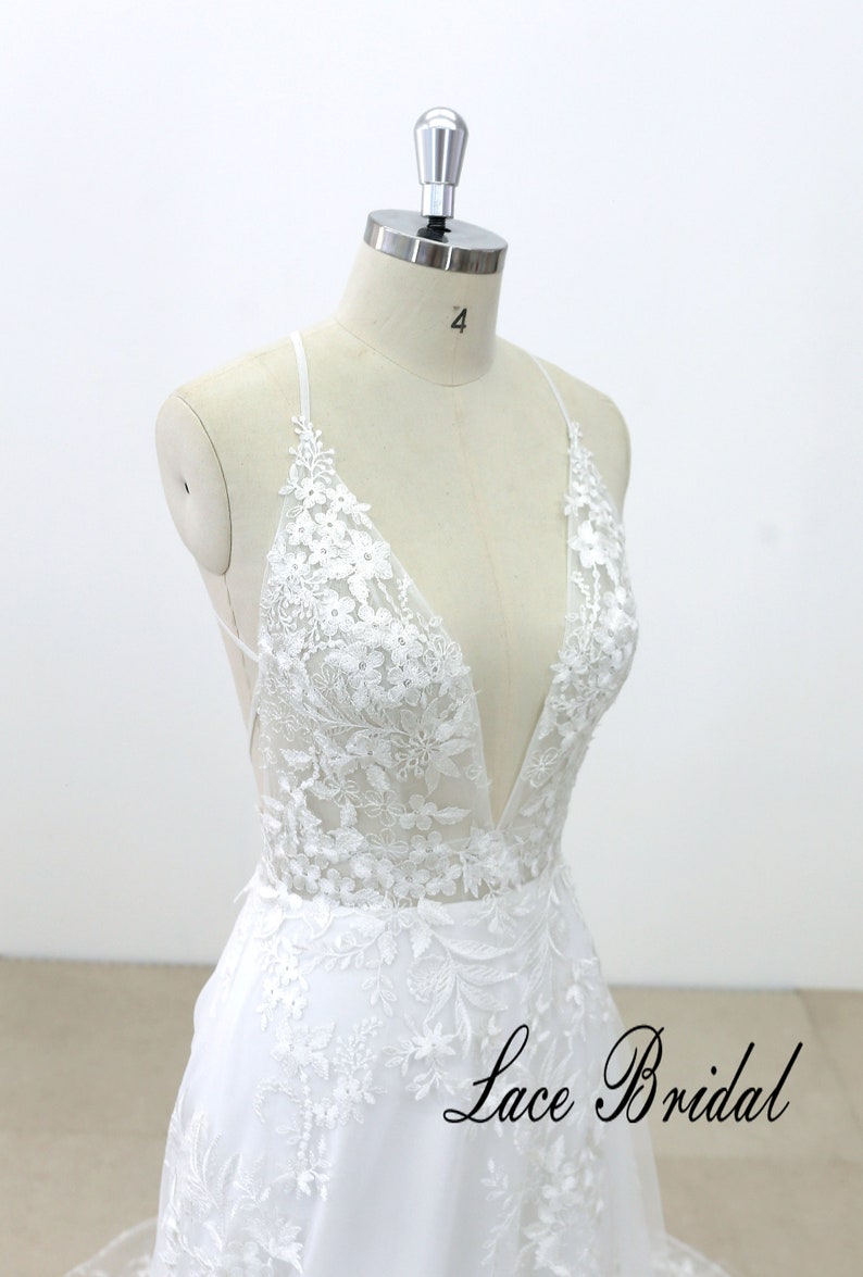 Sexy Lace Wedding Dress With Deep Plunging Neckline Open Back Etsy