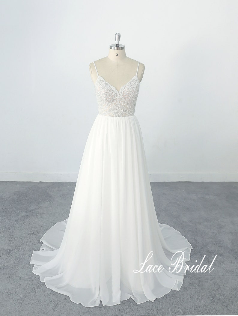 Romantic Chiffon Lace A-line Wedding Dress, Open Back Bohemian Gown ...