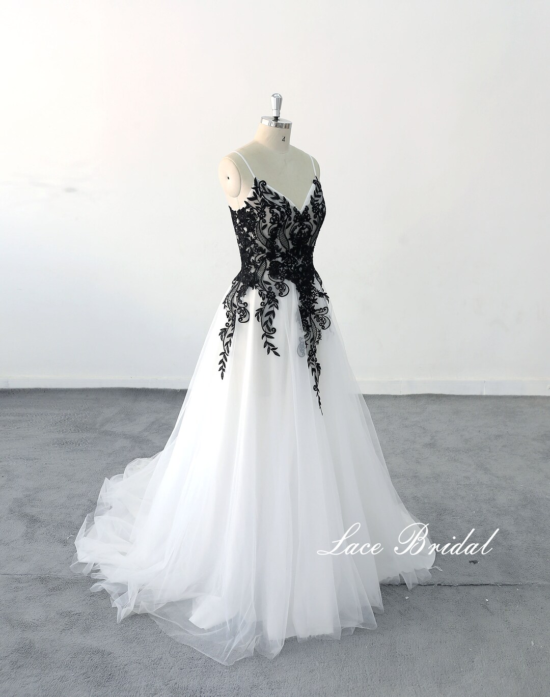 Custom Spaghetti Strap V-neck Wedding Dress, Black Lace & Ivory Tulle ...