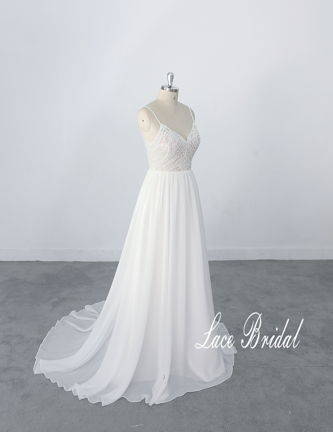 Romantic Chiffon Lace A-line Wedding Dress, Open Back Bohemian Gown ...