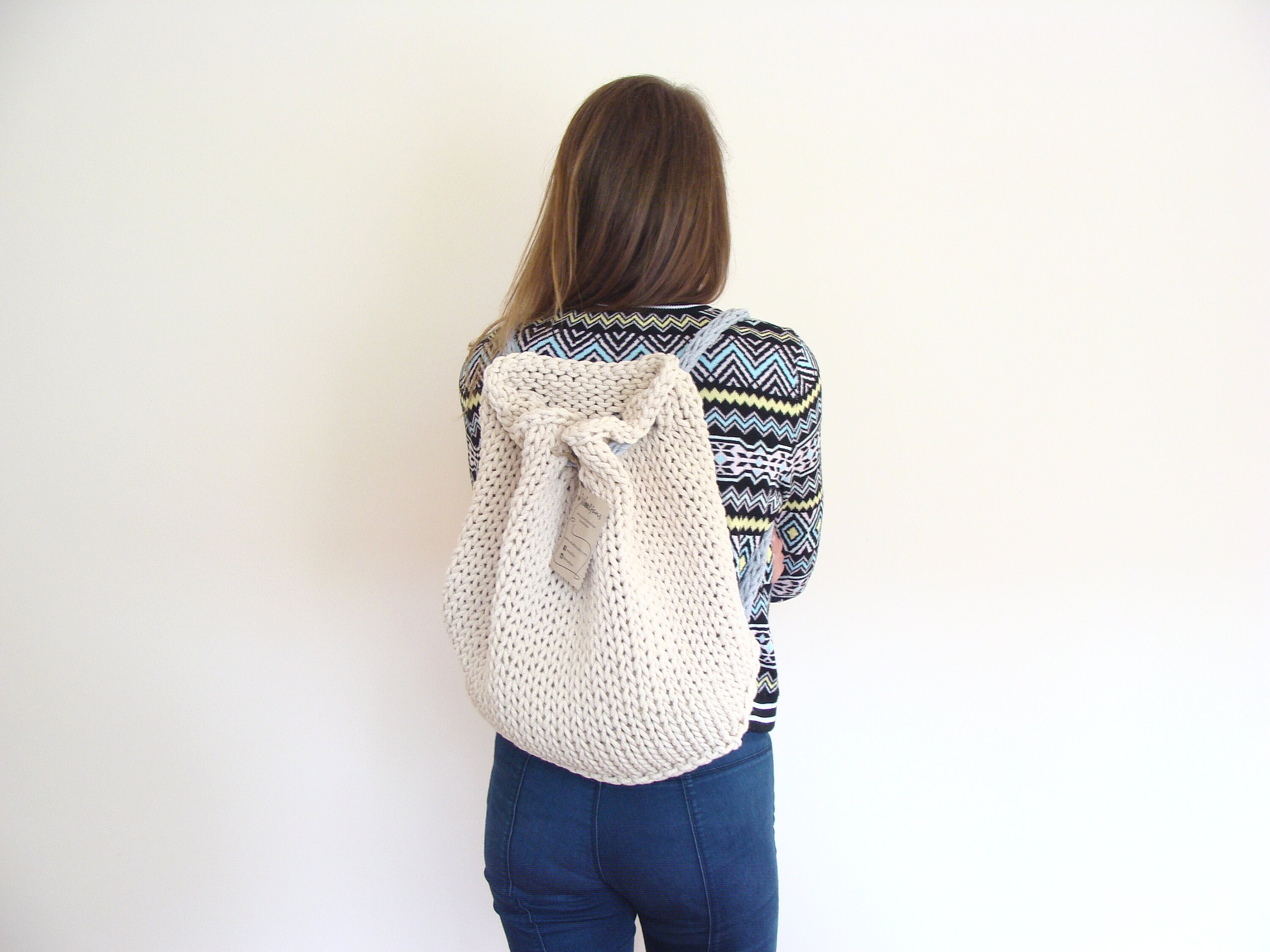 Knit Cotton Sack Backpack Women's Drawstring Backpack - Etsy