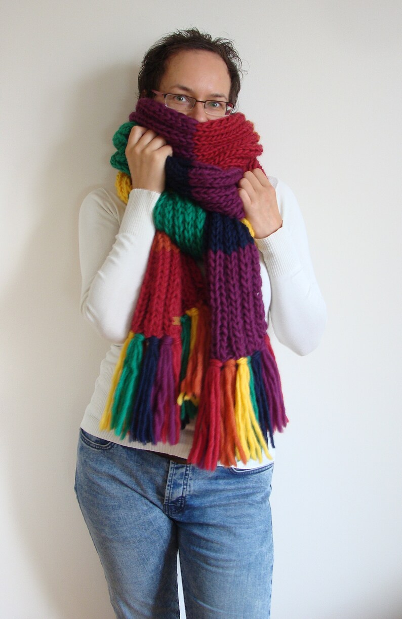 Rainbow Knit Scarf, Giant Colorful Scarf, Huge Knitted Fringe Scarf ...