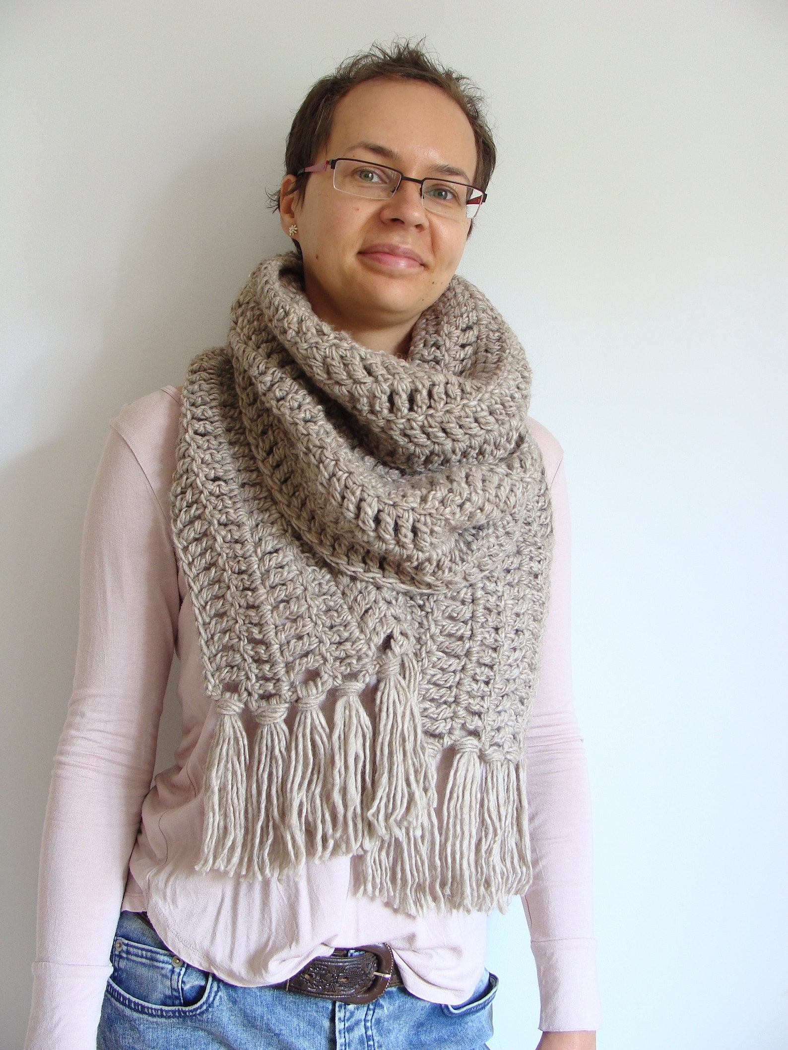 Extra Long Crochet Scarf Taupe Boho Wrap Scarf Large Wool - Etsy