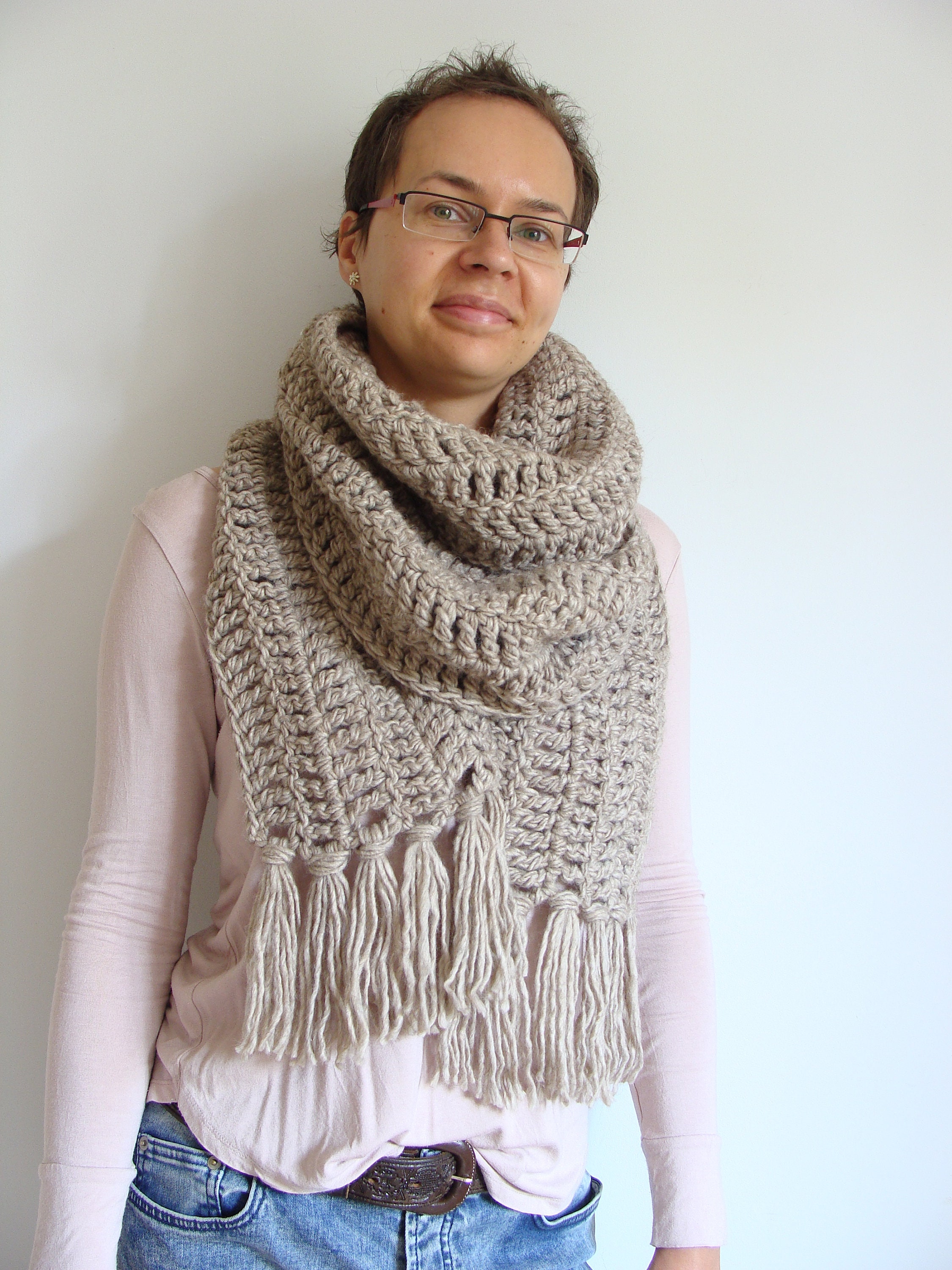 Extra Long Crochet Scarf Taupe Boho Wrap Scarf Large Wool - Etsy