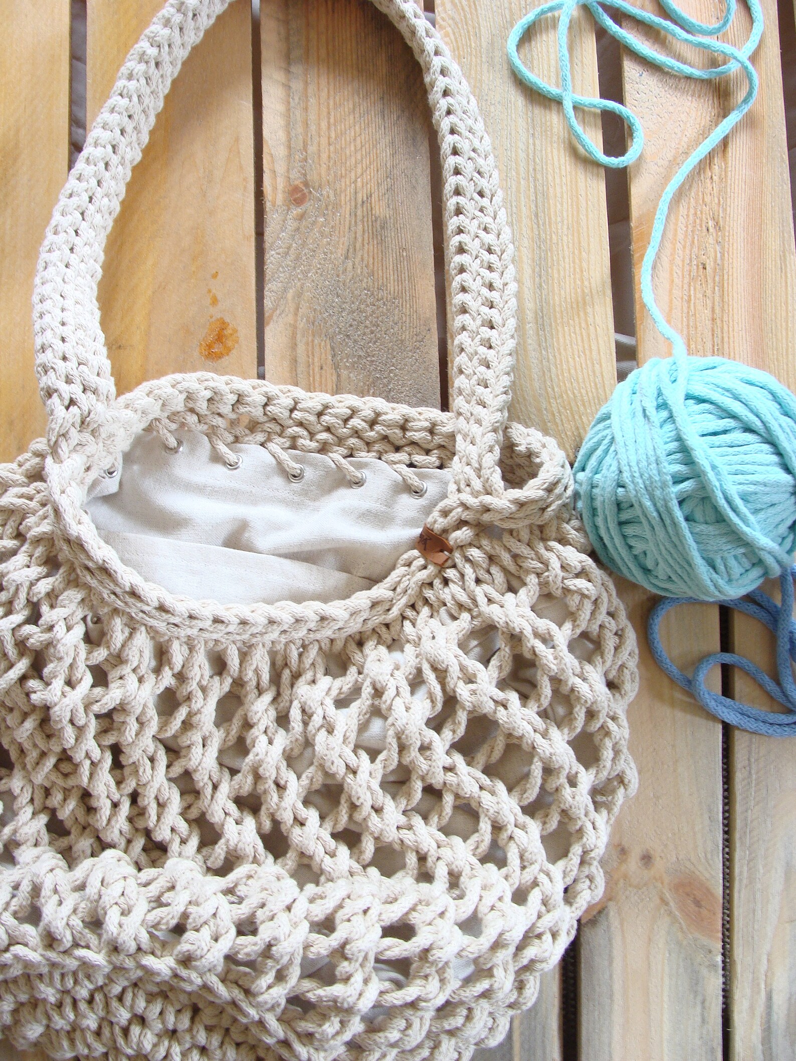 Knit Net Bag, Cotton Rope Bag, Mesh Bag With Lining, Knitted Market Bag ...