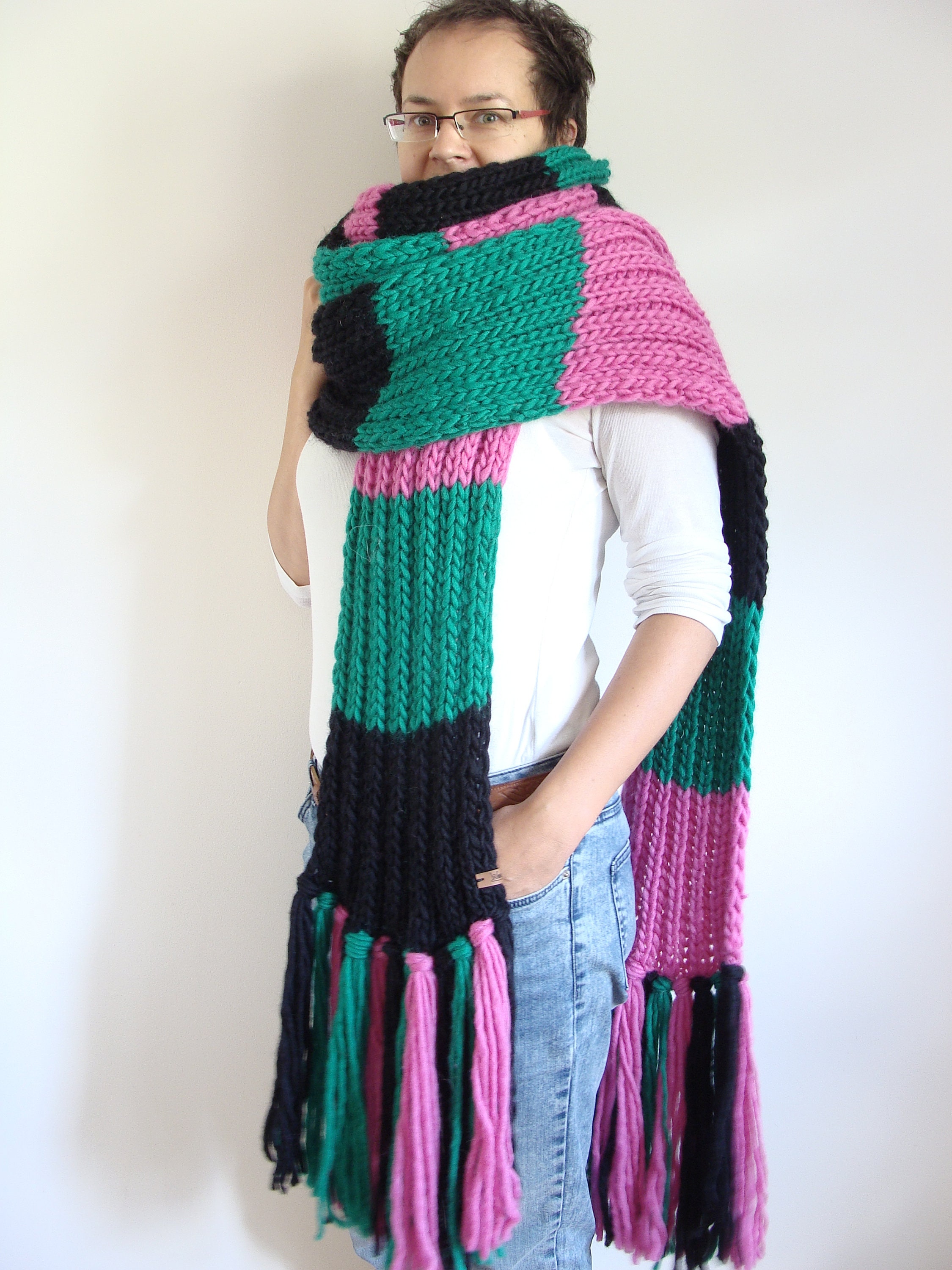 Wool Winter Fringe Scarf, Chunky Knit Oversized Striped Scarf, Giant ...