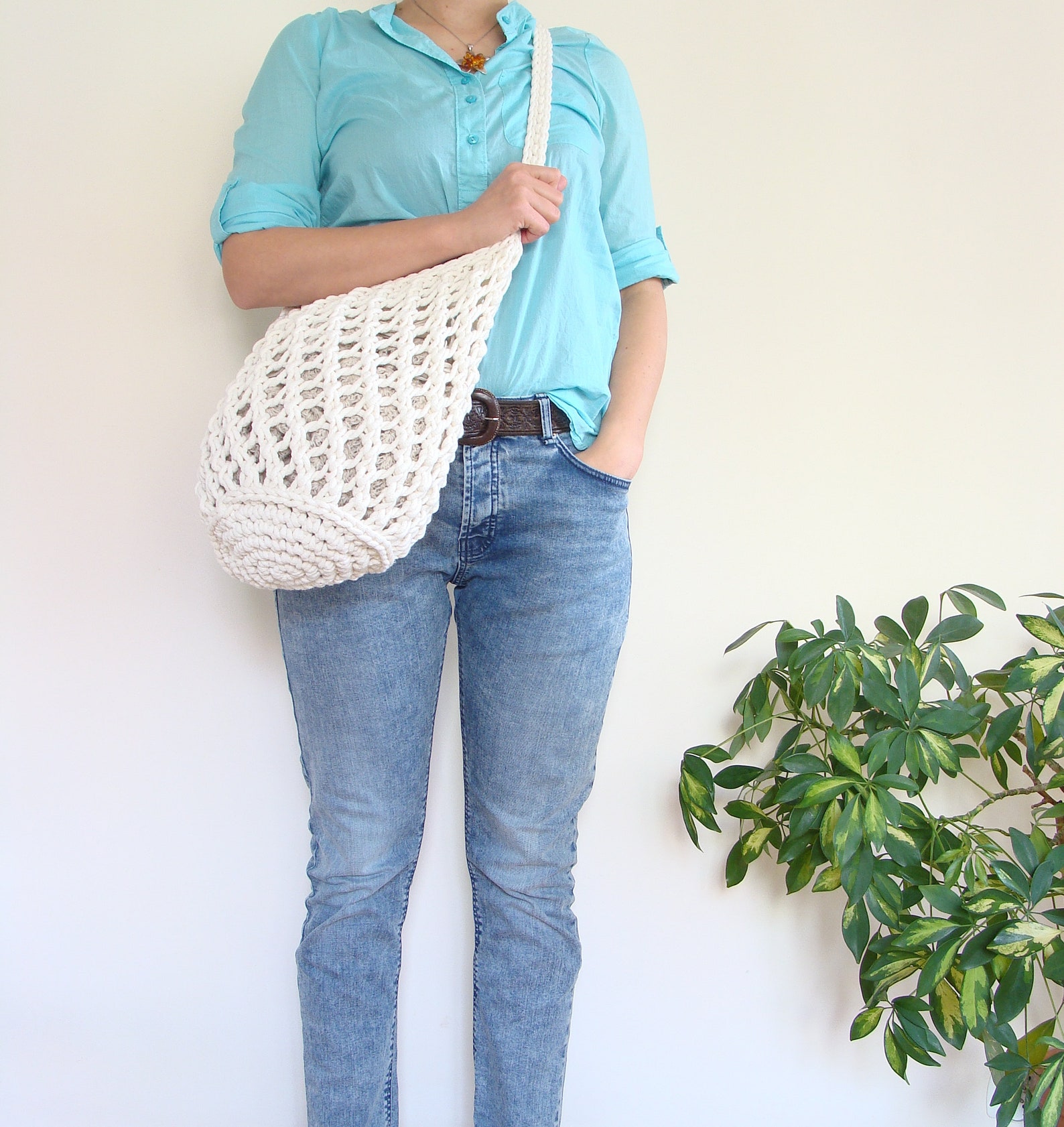 Knit Net Bag Cotton Rope Bag Mesh Bag With Lining Knitted | Etsy