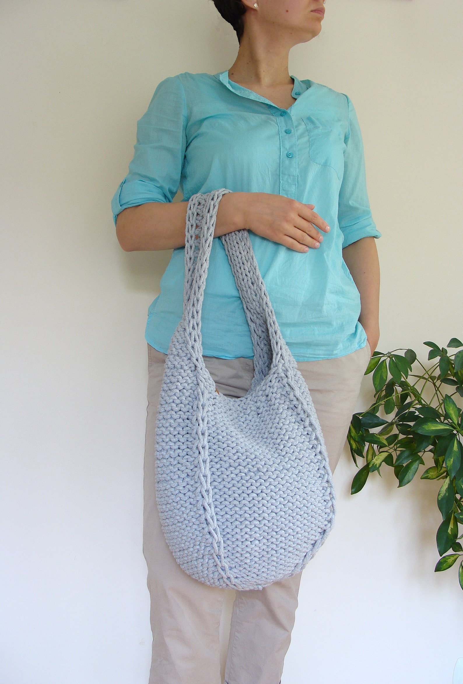 Slouchy Knit Tote Bag: Large Cotton Hobo Bag With Wide Strap - Etsy