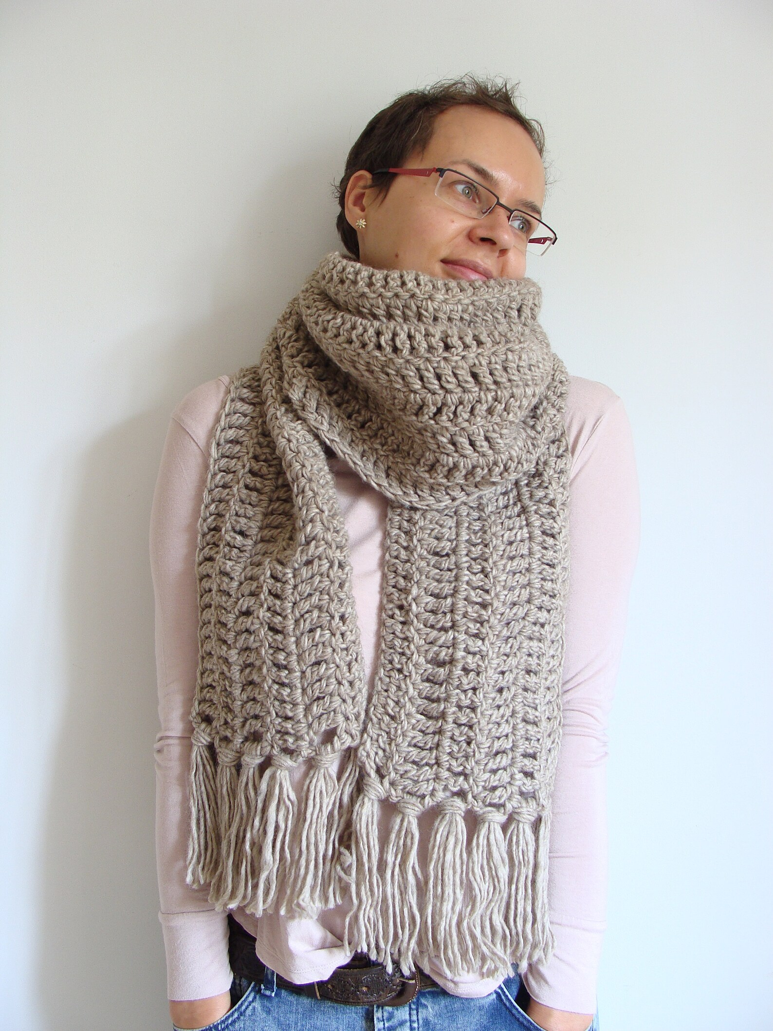 Extra Long Crochet Scarf Taupe Boho Wrap Scarf Large Wool - Etsy