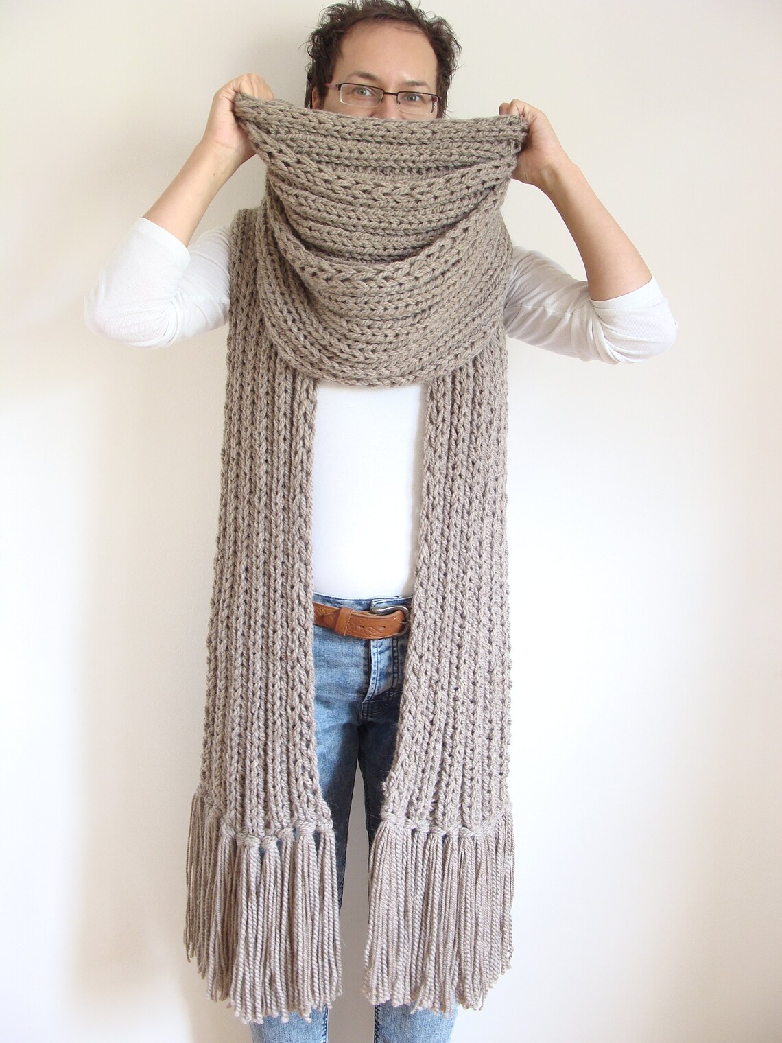 Oversized Knit Scarf With Tassels Huge Chunky Knitted Fringe - Etsy