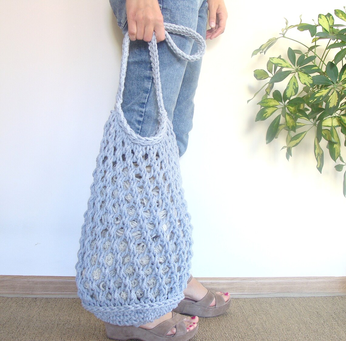 Knit Net Bag Cotton Rope Bag Mesh Bag With Lining Knitted | Etsy