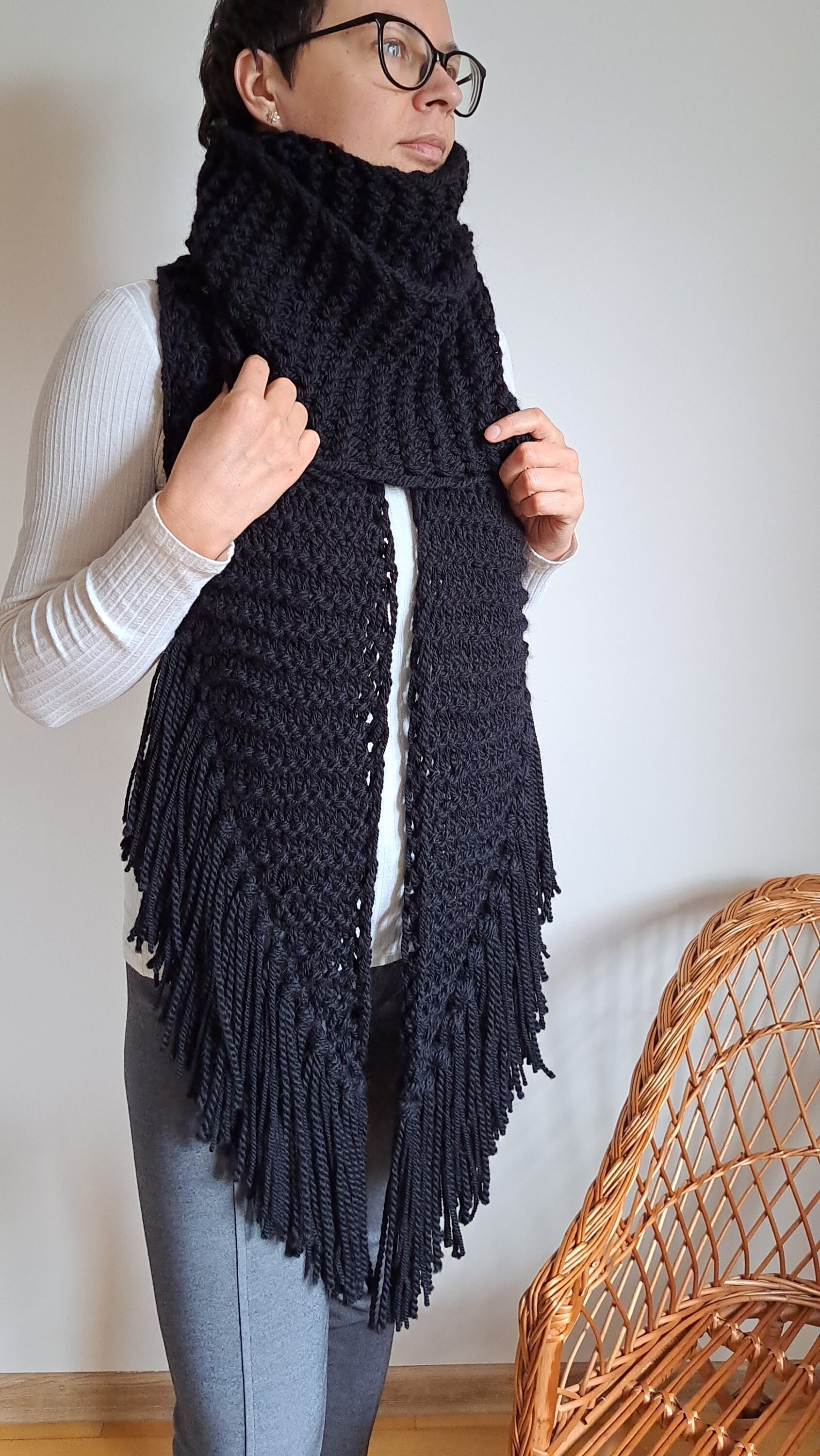 Chunky Knit Extra Large Scarf, Wide Asymmetrical Wool Scarf, Oversized ...