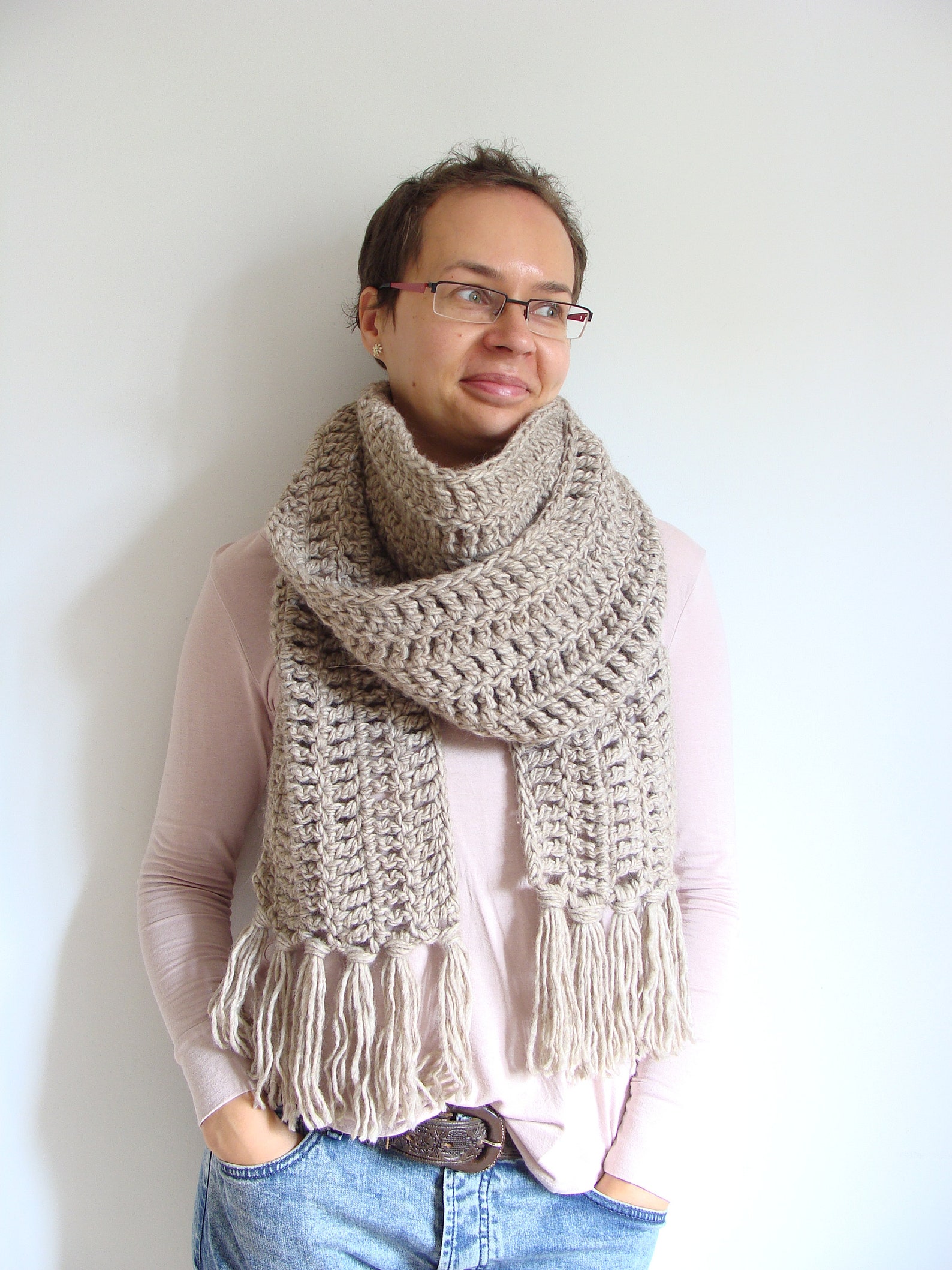 Extra Long Crochet Scarf Taupe Boho Wrap Scarf Large Wool - Etsy