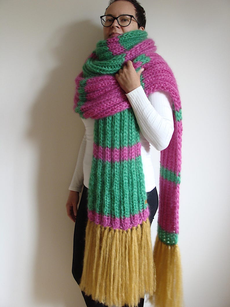 Two-toned Knit Mohair Scarf With Tassels: Striped Winter Scarf - Etsy