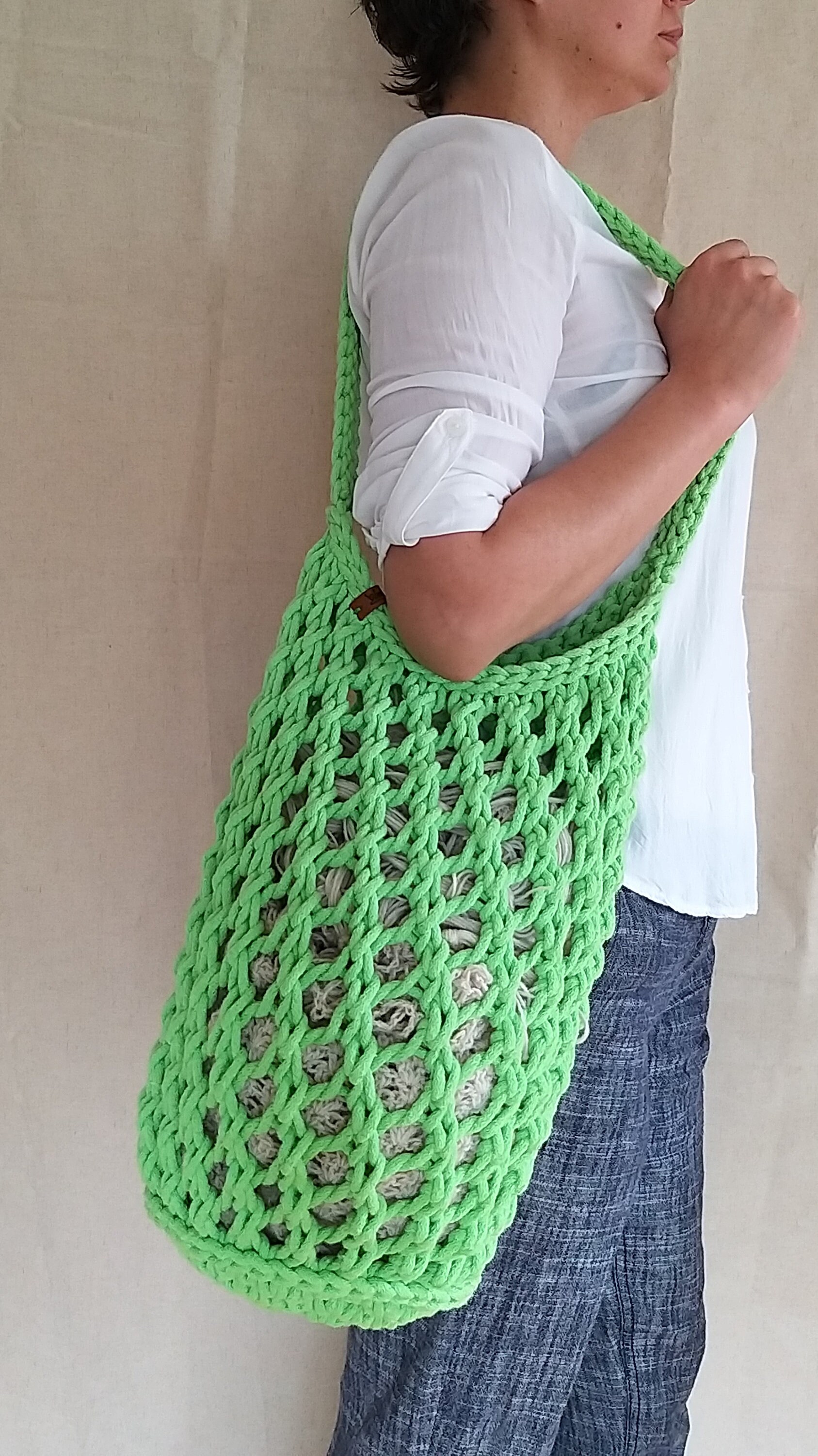 Knit Net Bag, Cotton Rope Bag, Mesh Bag With Lining, Knitted Market Bag ...