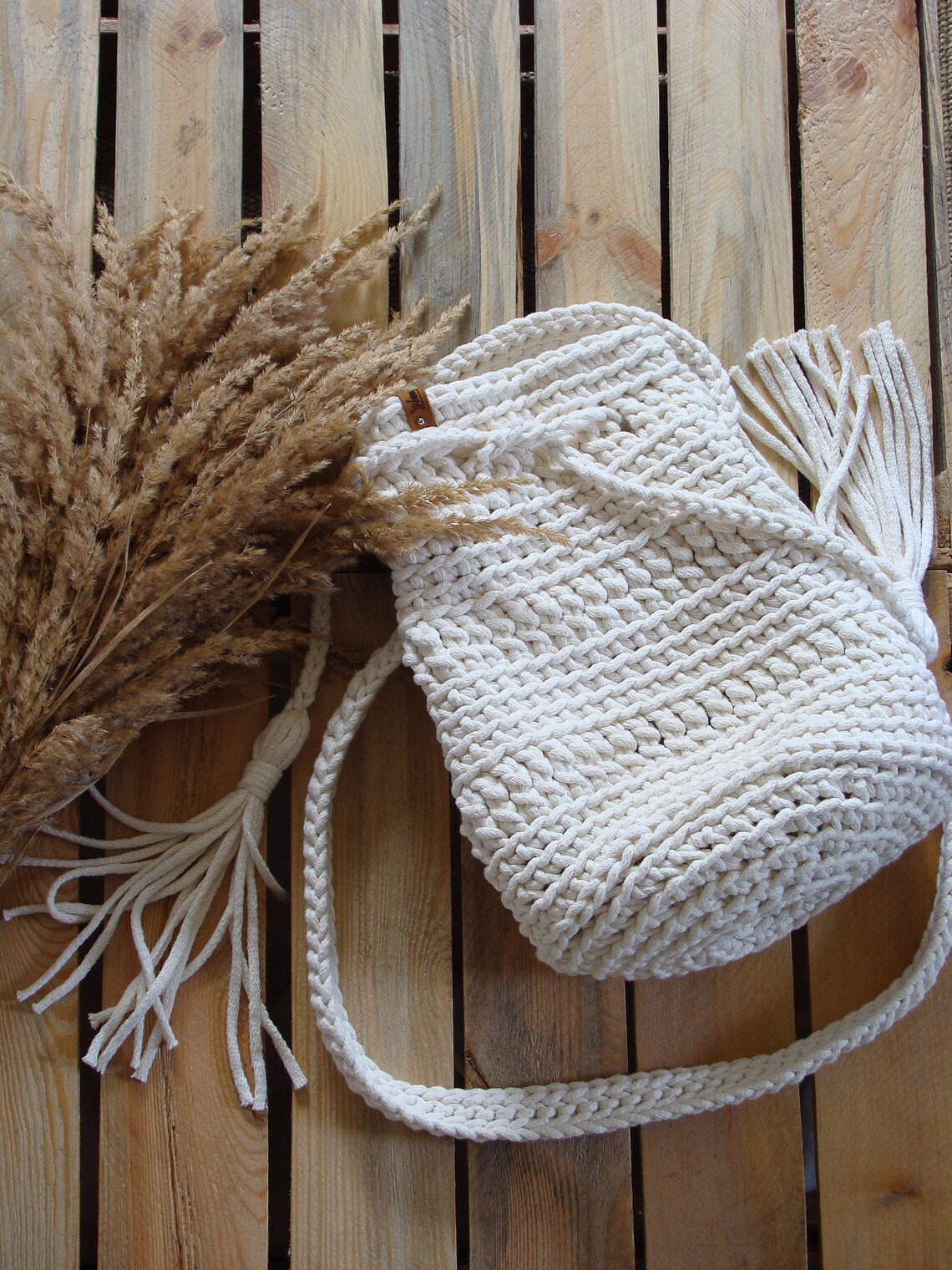 Crochet Ivory Sack Bag With Tassels Boho Bucket Bag Cotton - Etsy