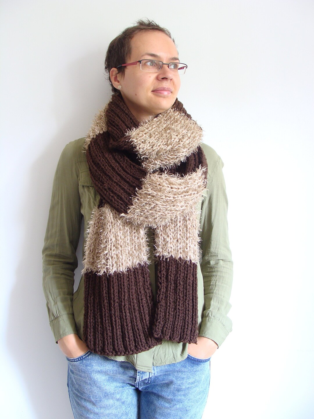 Chunky Knit Two Tone Wrap Scarf, Hand Knit Fuzzy Open Ended Scarf ...