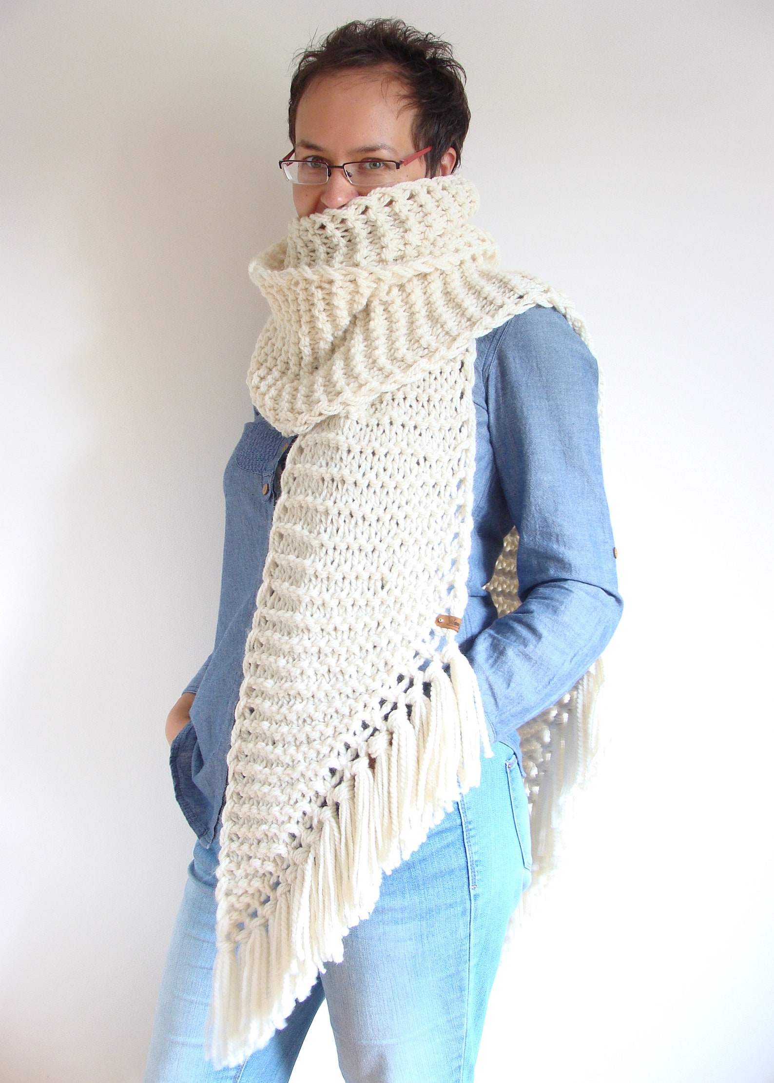 Chunky Knit Extra Large Scarf, Wide Asymmetrical Wool Scarf, Oversized ...