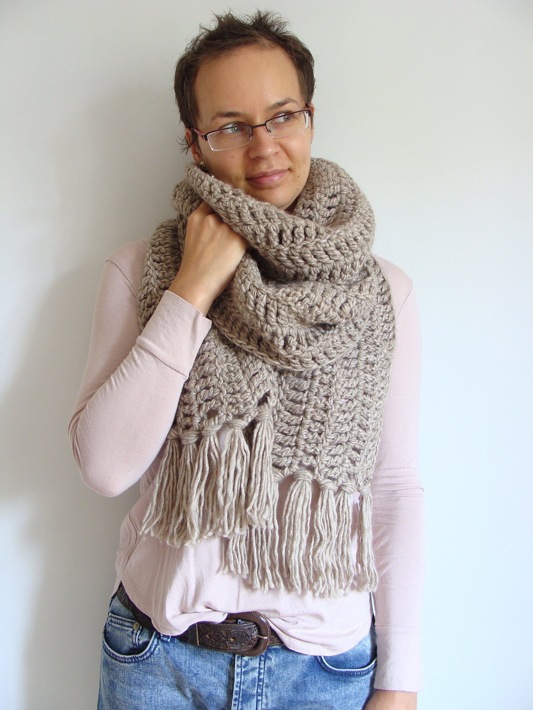 Extra Long Crochet Scarf Taupe Boho Wrap Scarf Large Wool - Etsy